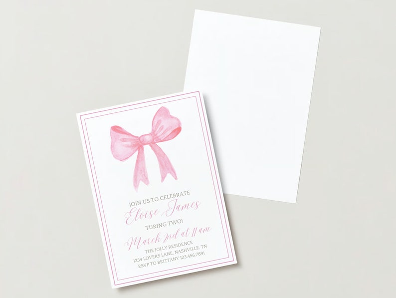 Pink Bow Birthday Invitation, Watercolor Pink Bow Theme Birthday Party ...