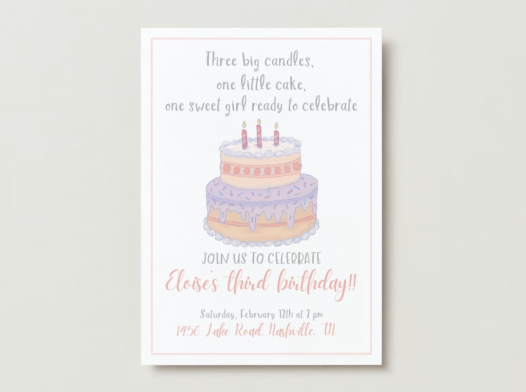 Pink Third Girl Birthday Invitation, Cake Birthday Invite, Third ...