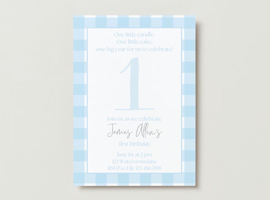 Blue Gingham Birthday Party Invitation, Editable Classic Gingham Boy ...
