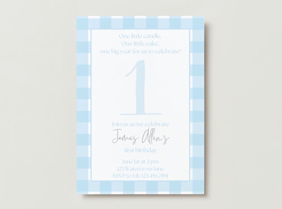 Blue Gingham Birthday Party Invitation, Editable Classic Gingham Boy ...