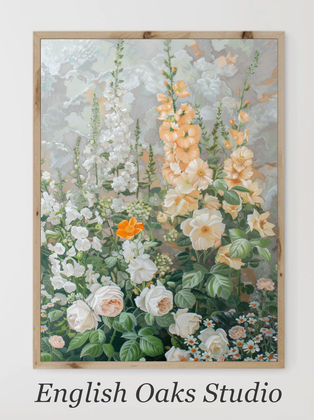 Hollyhocks, Daisies and Roses Print | Blooming Landscape With ...