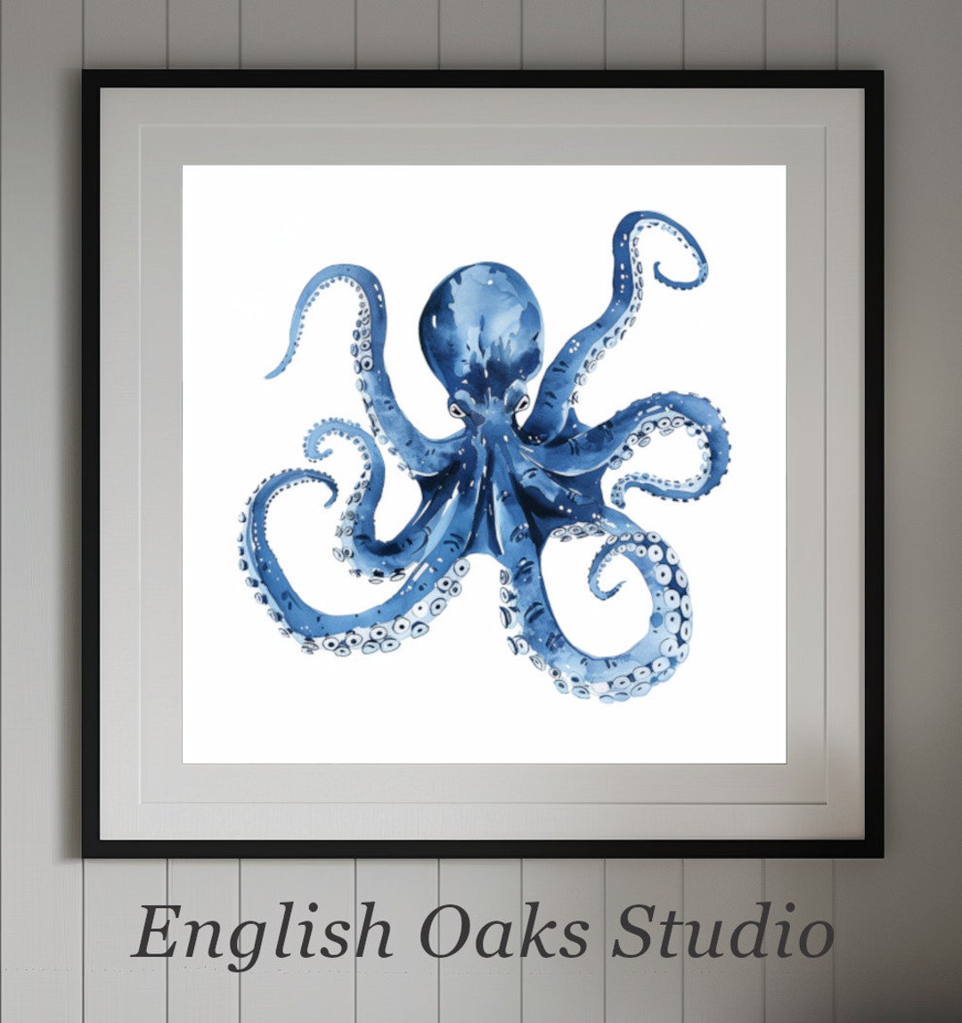 Beach Decor Ocean Blue Octopus Painting | Coastal Nautical Octopus ...