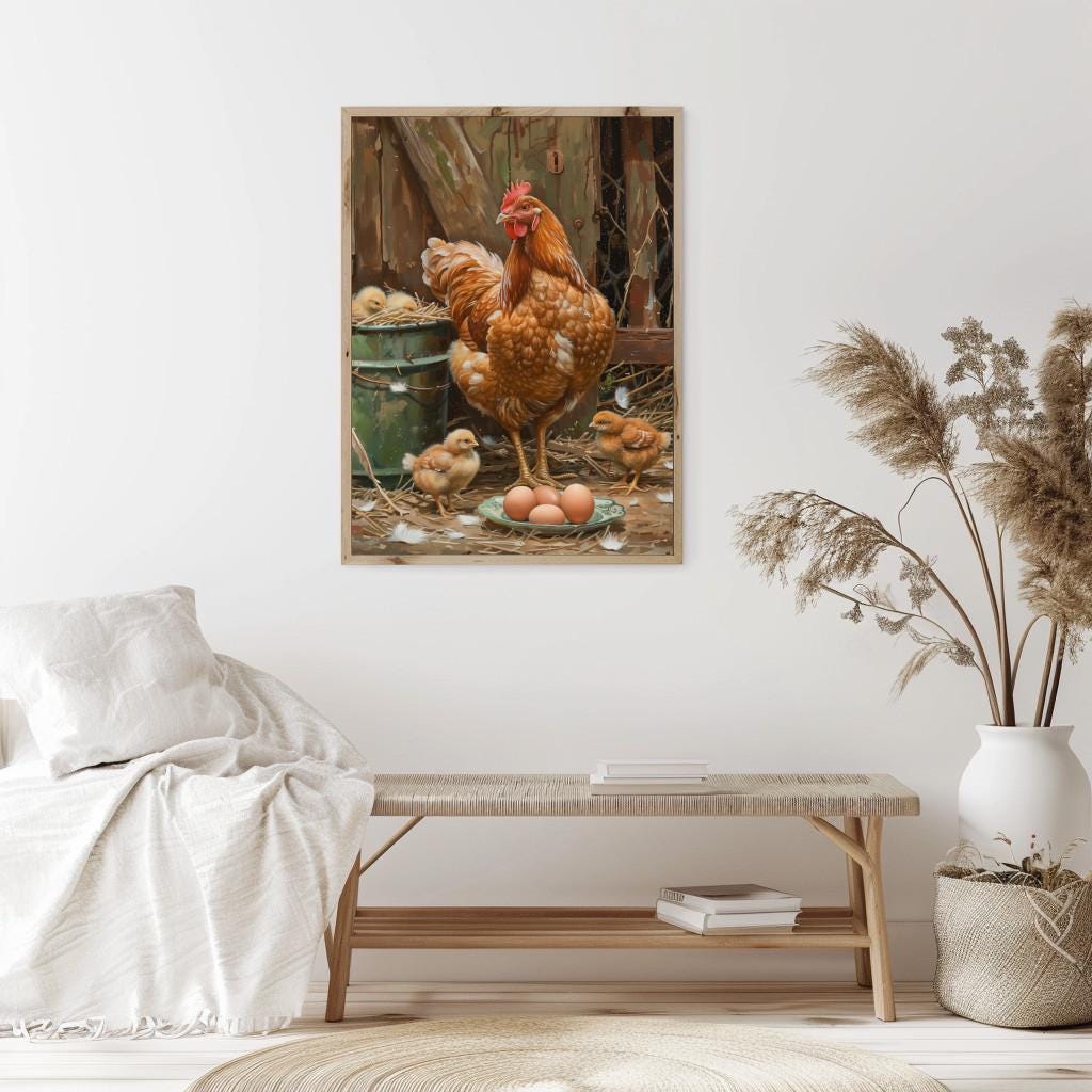 Vintage Farmhouse Brown Chicken, Eggs and Chicks Painting | Chicken ...