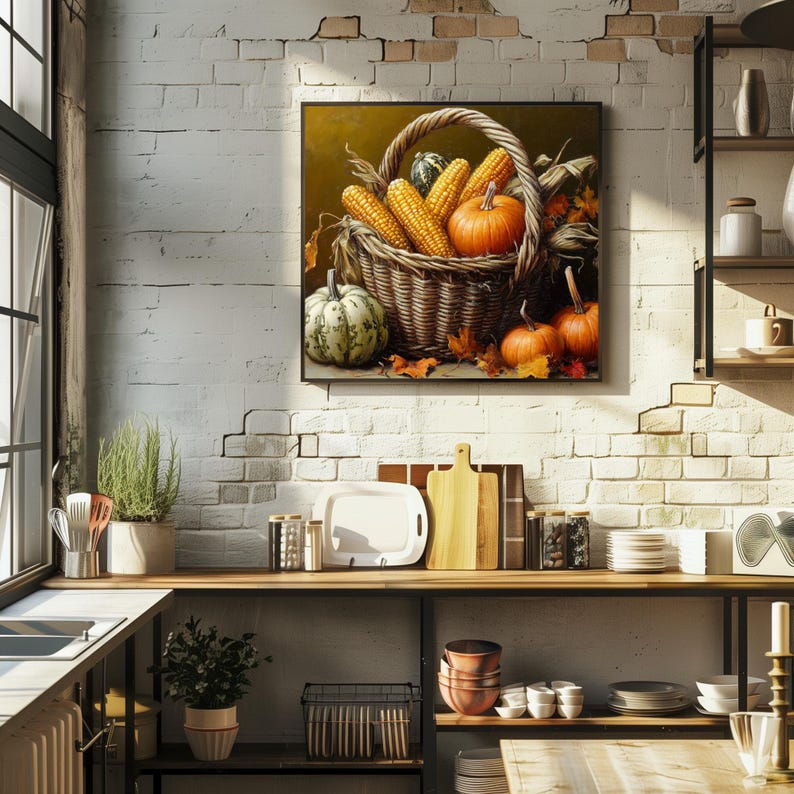 Rustic Autumn Harvest Print: Pumpkins, Corn, Dried Leaves Still Life - Etsy