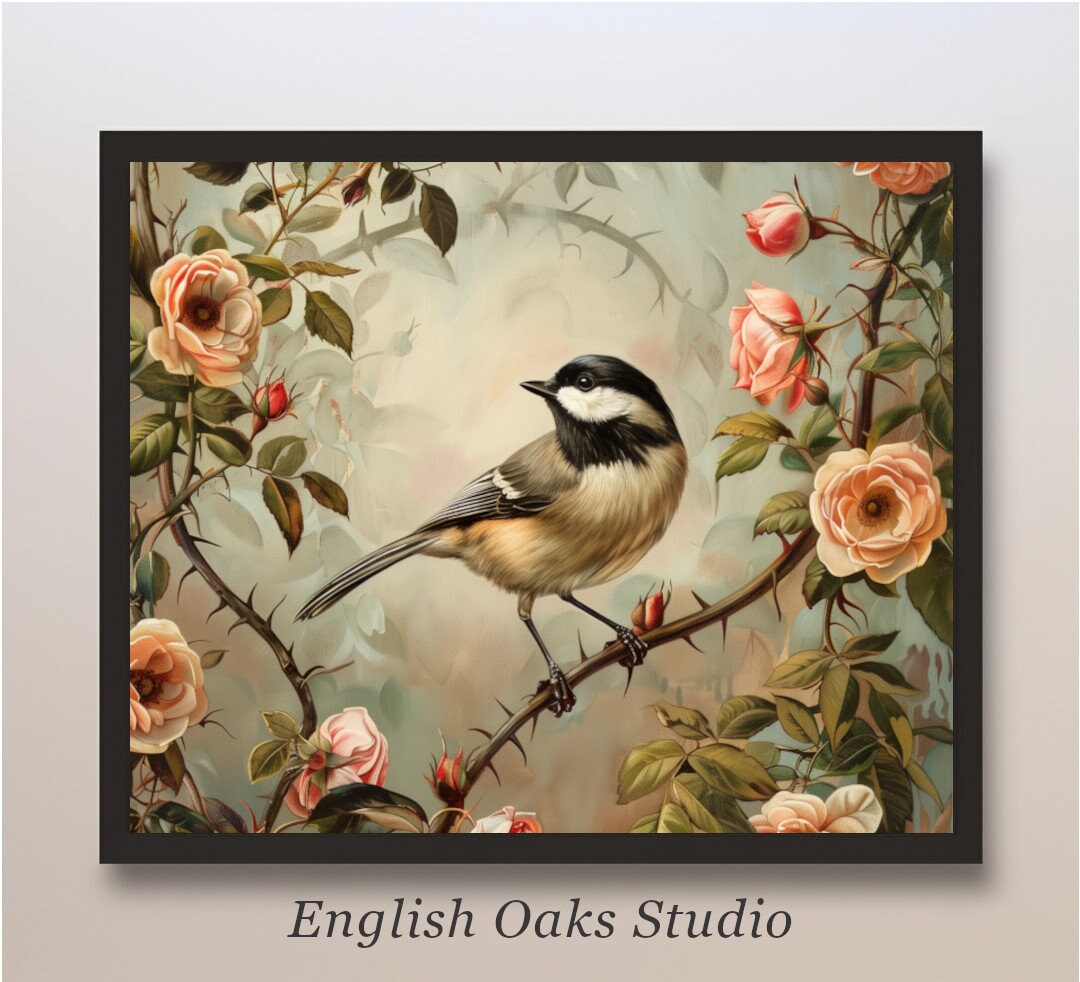 Antique Rustic Moody Chickadee and Pink Roses Painting | Vintage ...