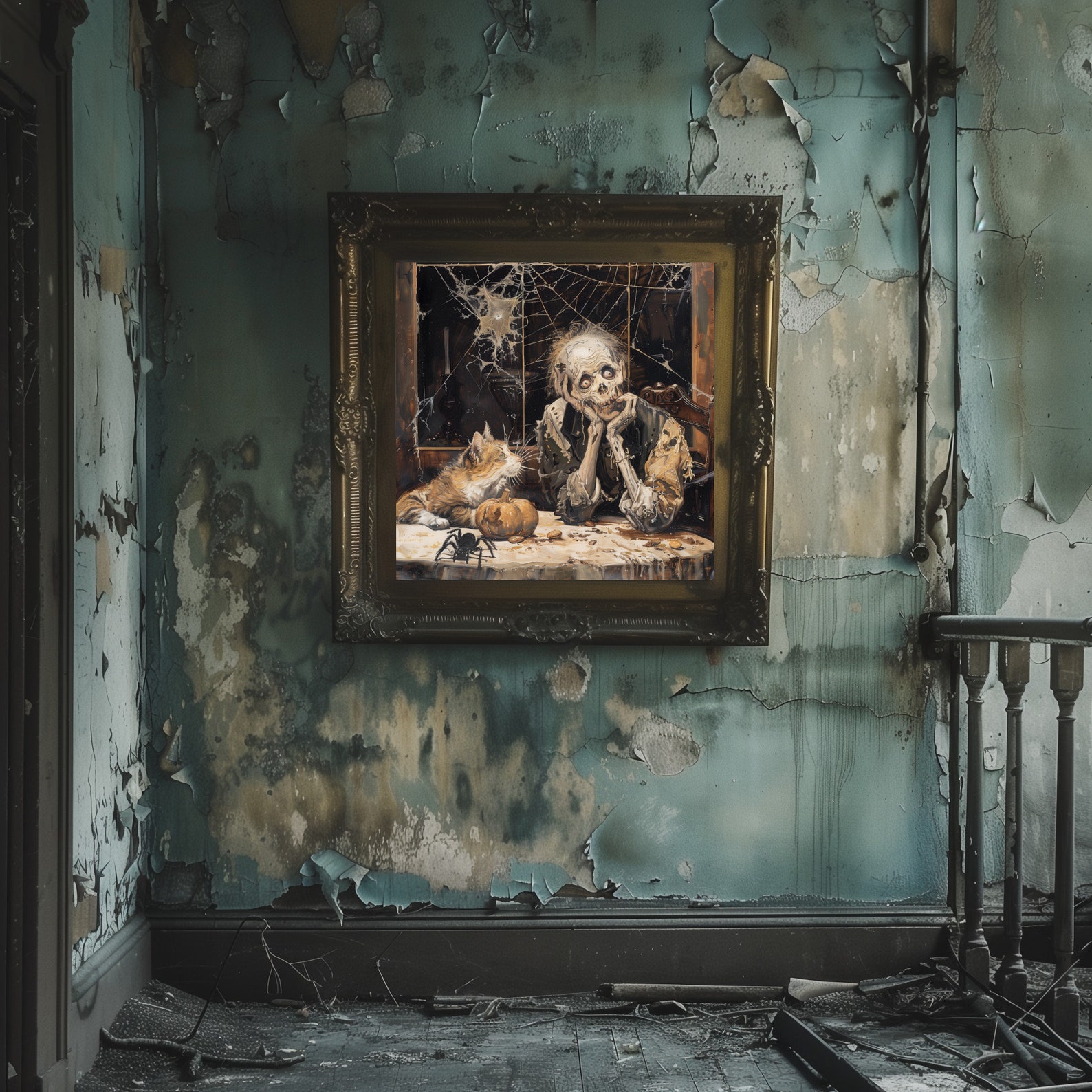 Vintage Moody Neutral Halloween Zombie Sitting at the Table With a Cat ...