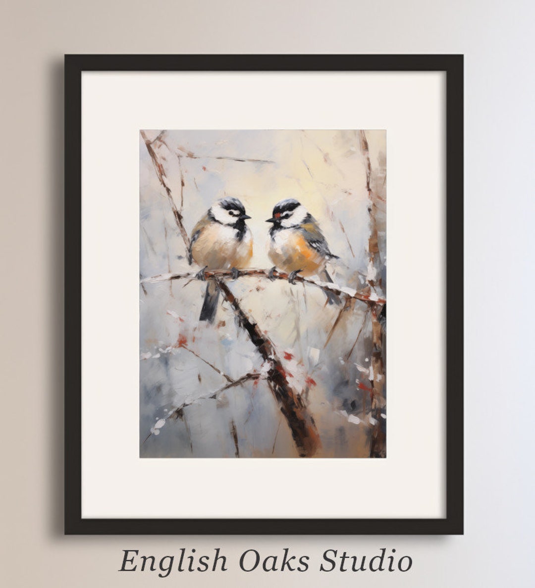 Stylized Chickadee Pair Oil Painting | Bird Fine Printable Wall Art ...