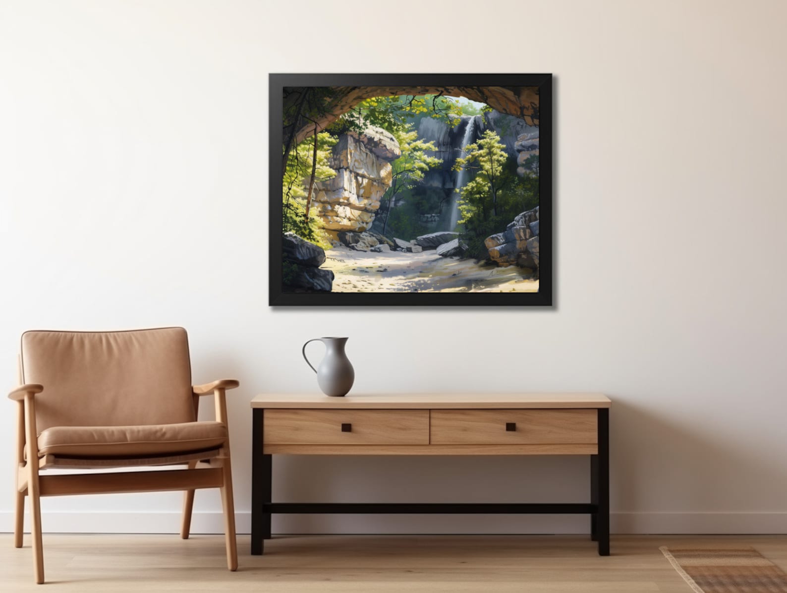 Rustic Cave Waterfall Nature Art Painting | Cave With Water, Forest and ...