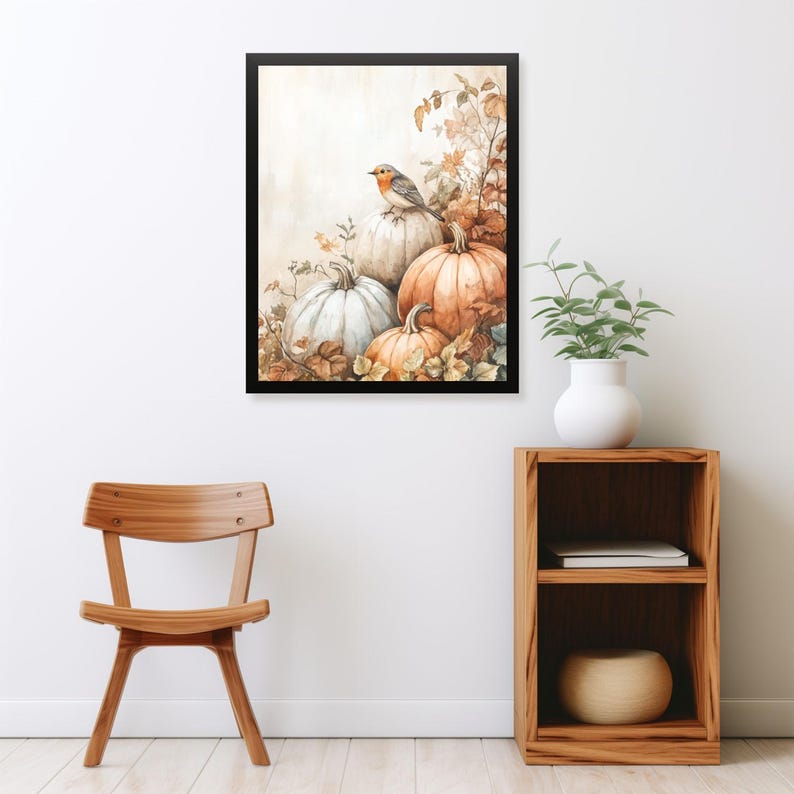 Rustic Autumn Pumpkin & Robin Print: Vintage Fall Landscape Art - Etsy