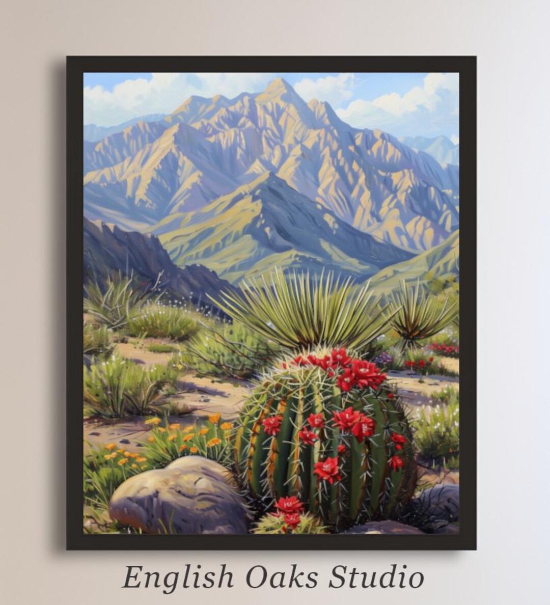 Vintage Southwestern Desert Cacti With Red Small Blooms Landscape ...