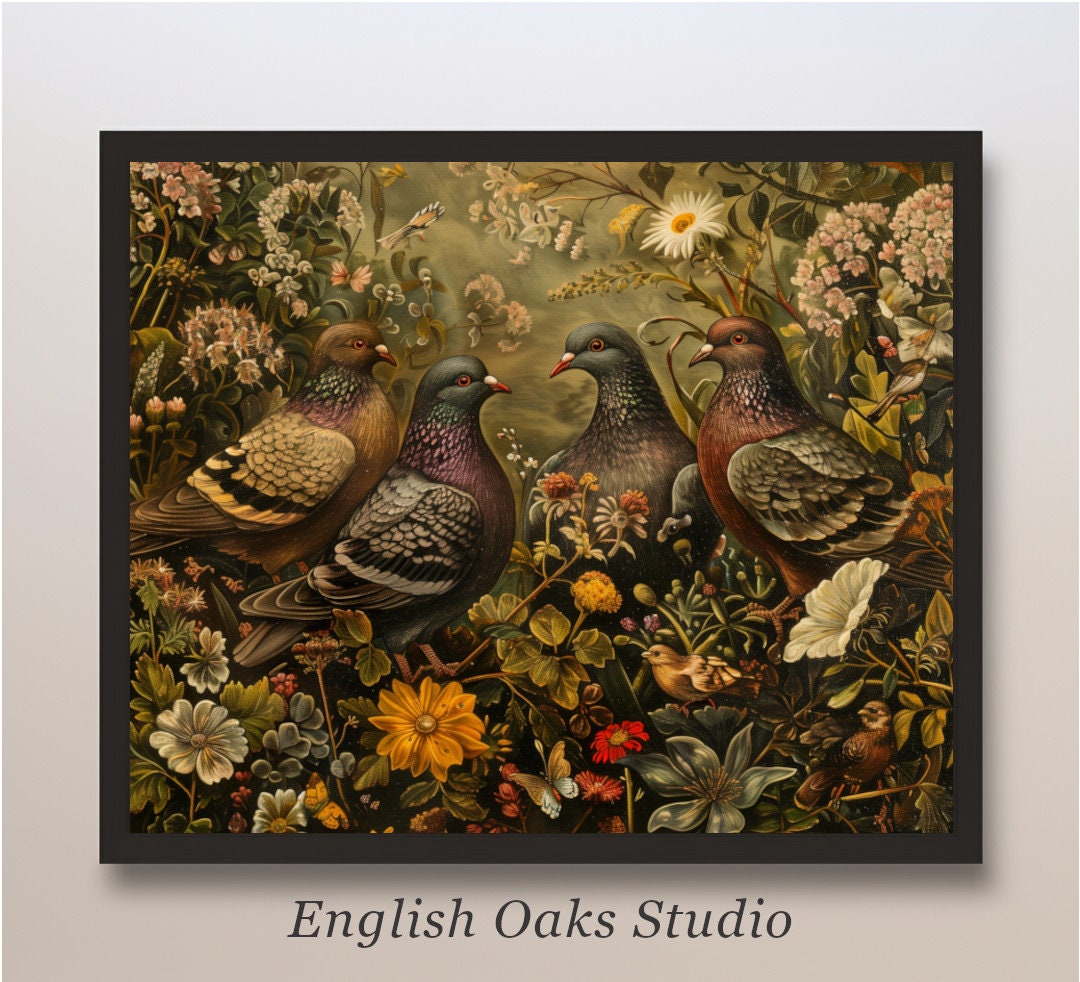 Dark Academia Victorian Floral Pigeons Painting | Moody Goth ...