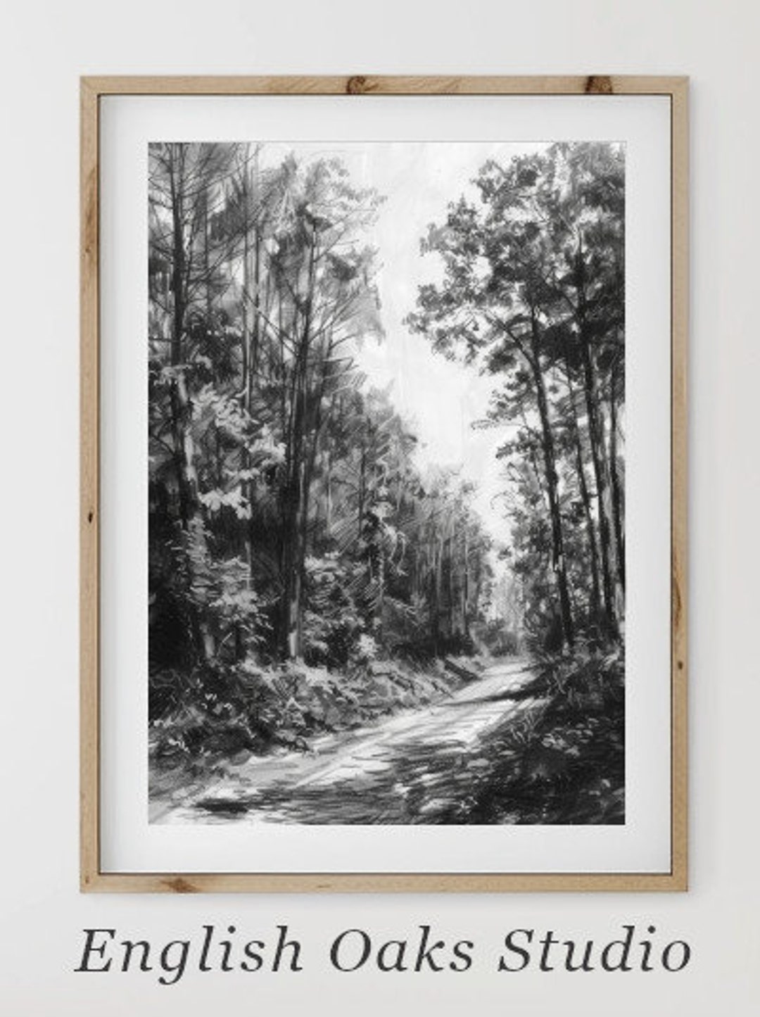 Rustic Neutral Forest Path Landscape Sketch Wall Art | Vintage ...