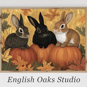 Fall Rabbits on Orange Pumpkins Print| Autumn Animal Harvest Wall Art ...