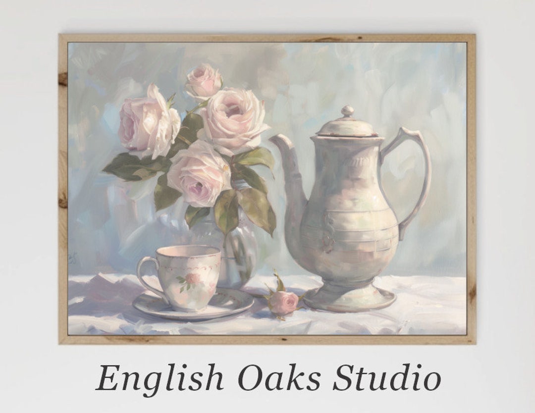 Vintage Floral Tea Cup Print: Pink Roses, Farmhouse Kitchen Art - Etsy