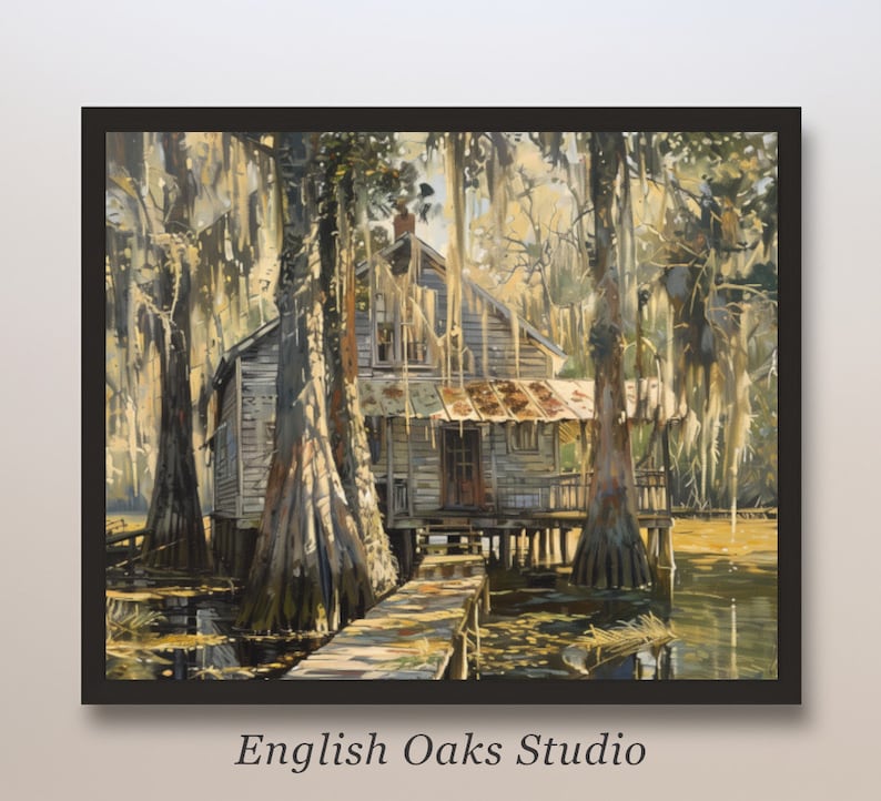 Vintage Muted Louisiana Cabin Swamp Painting| Neutral Southern Bayou ...
