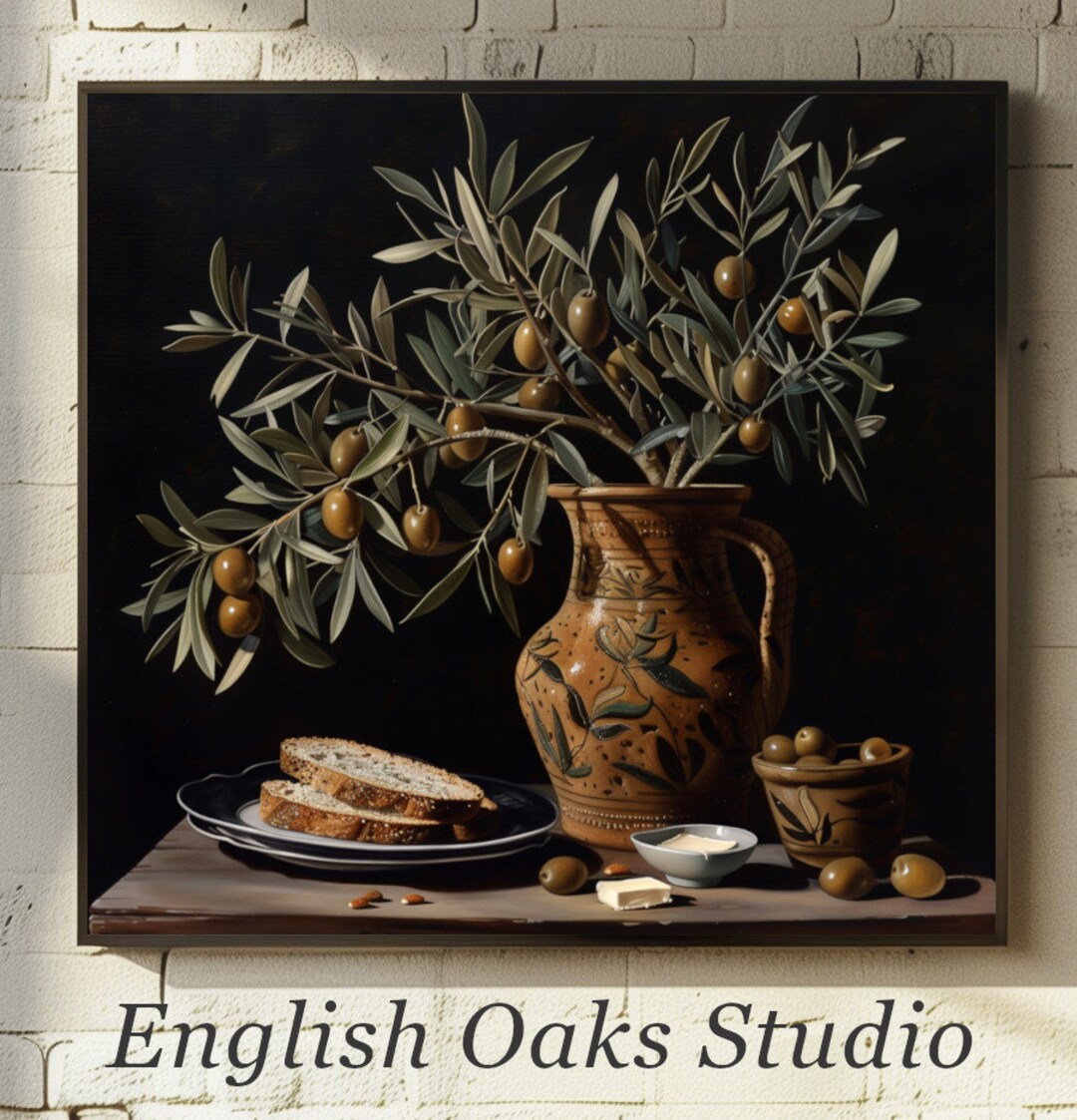 Vintage Neutral Olive Branches in Pottery, Olives, Bread and Butter ...