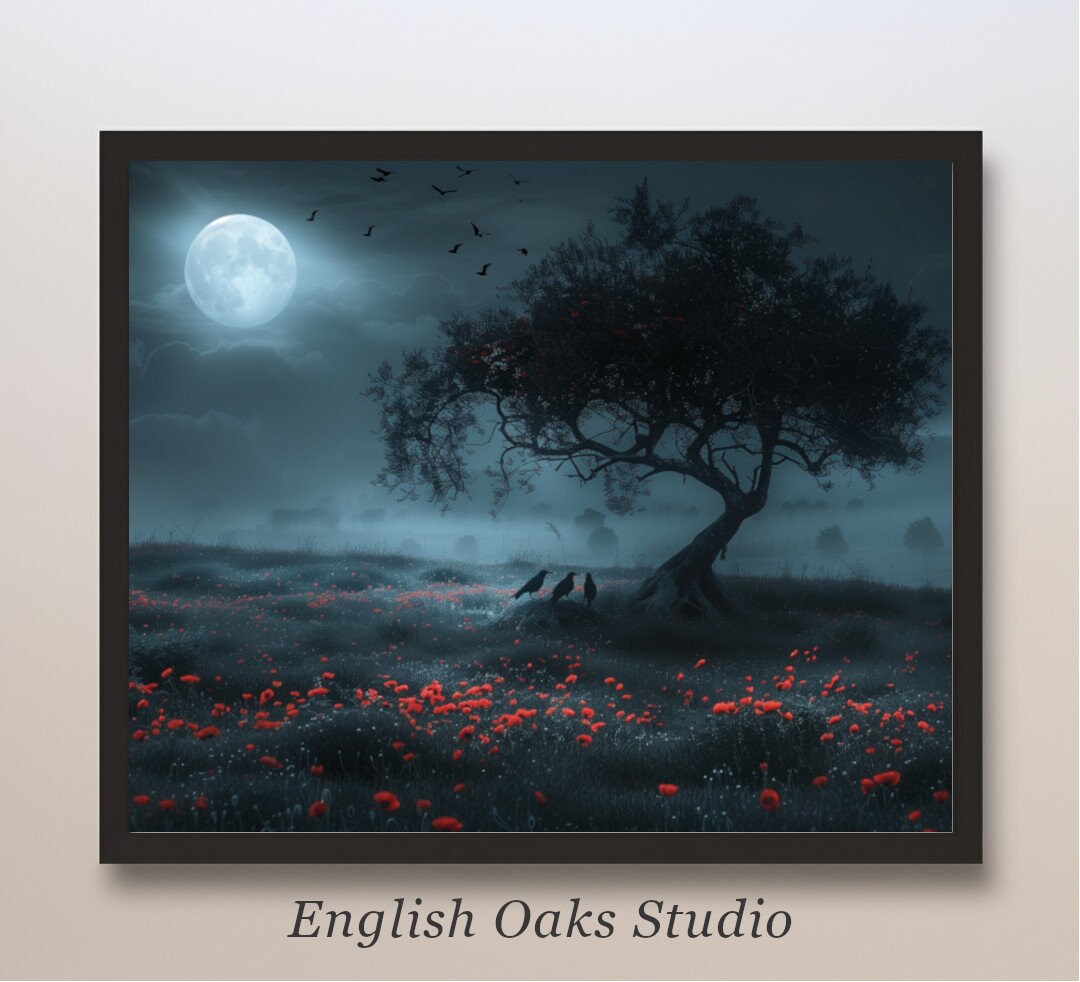 Dark Academia Goth Poppy Field With Crows and a Tree Print | Halloween ...