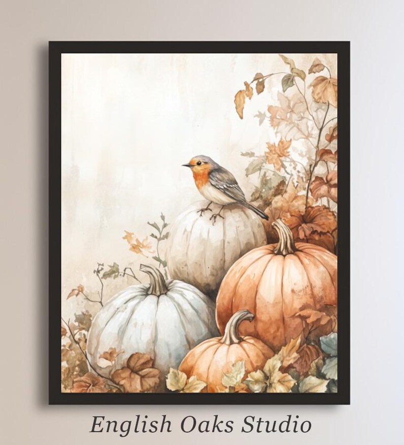 Rustic Autumn Pumpkin & Robin Print: Vintage Fall Landscape Art - Etsy