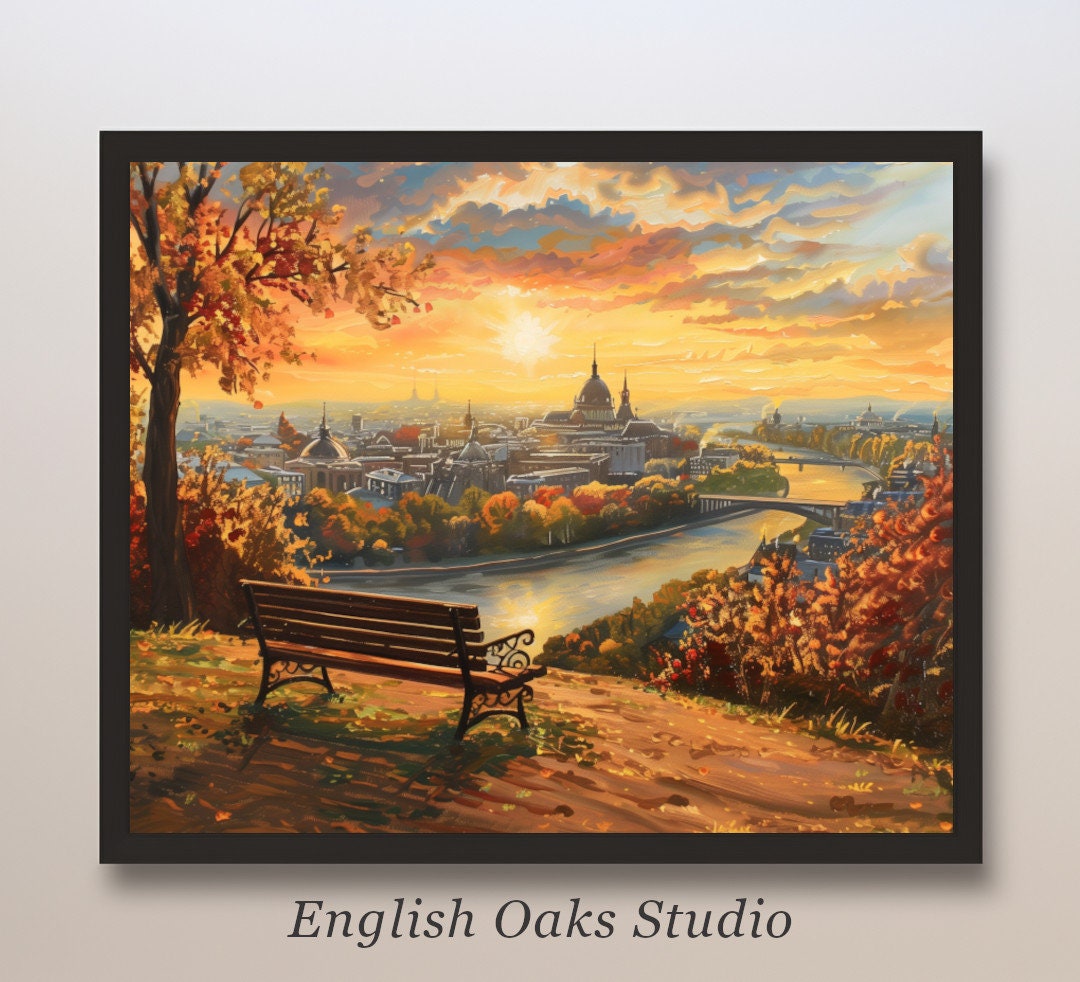 Wooden Autumn Bench City Painting | Fall Landscape Print 02 - Etsy
