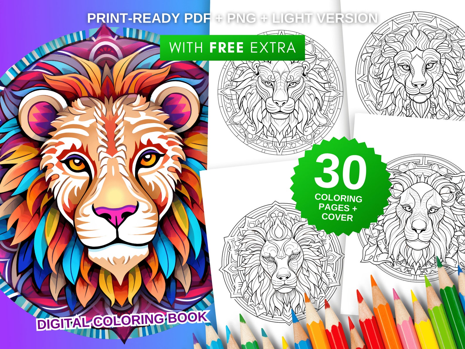 Lion Mandala Coloring Book: 30 Grayscale Coloring Pages for Kids and ...