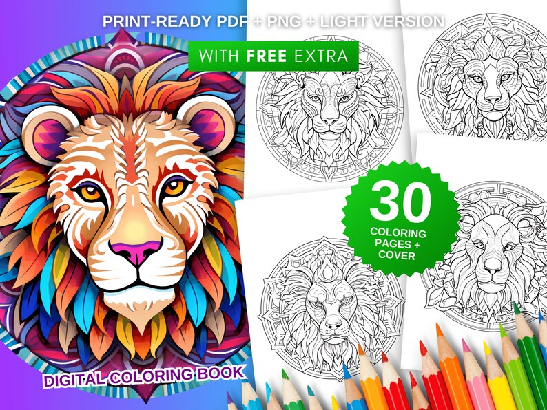 Lion Mandala Coloring Book: 30 Grayscale Coloring Pages for Kids and ...