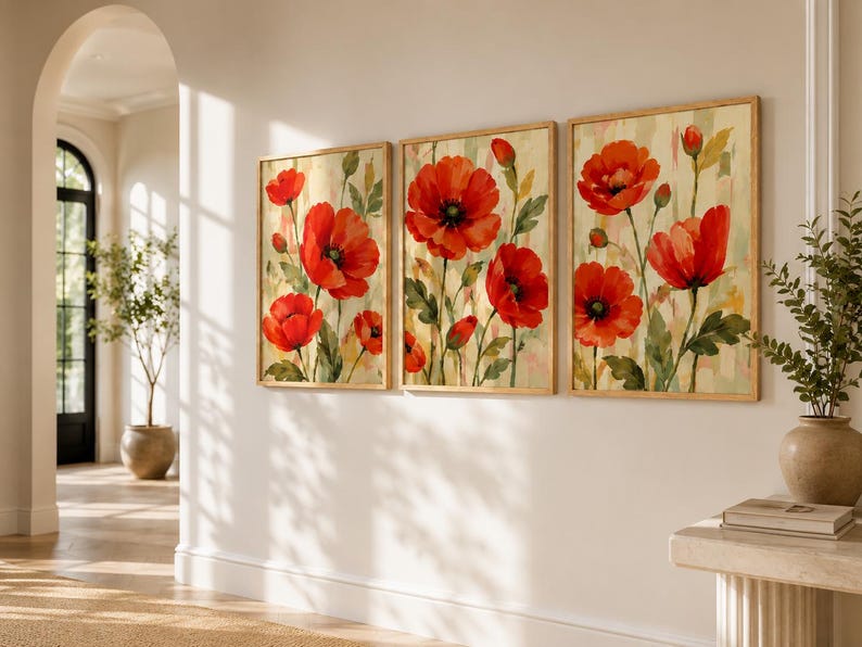 Red Poppy Botanical Prints, August Birth Flower, Vintage Painterly Wall ...