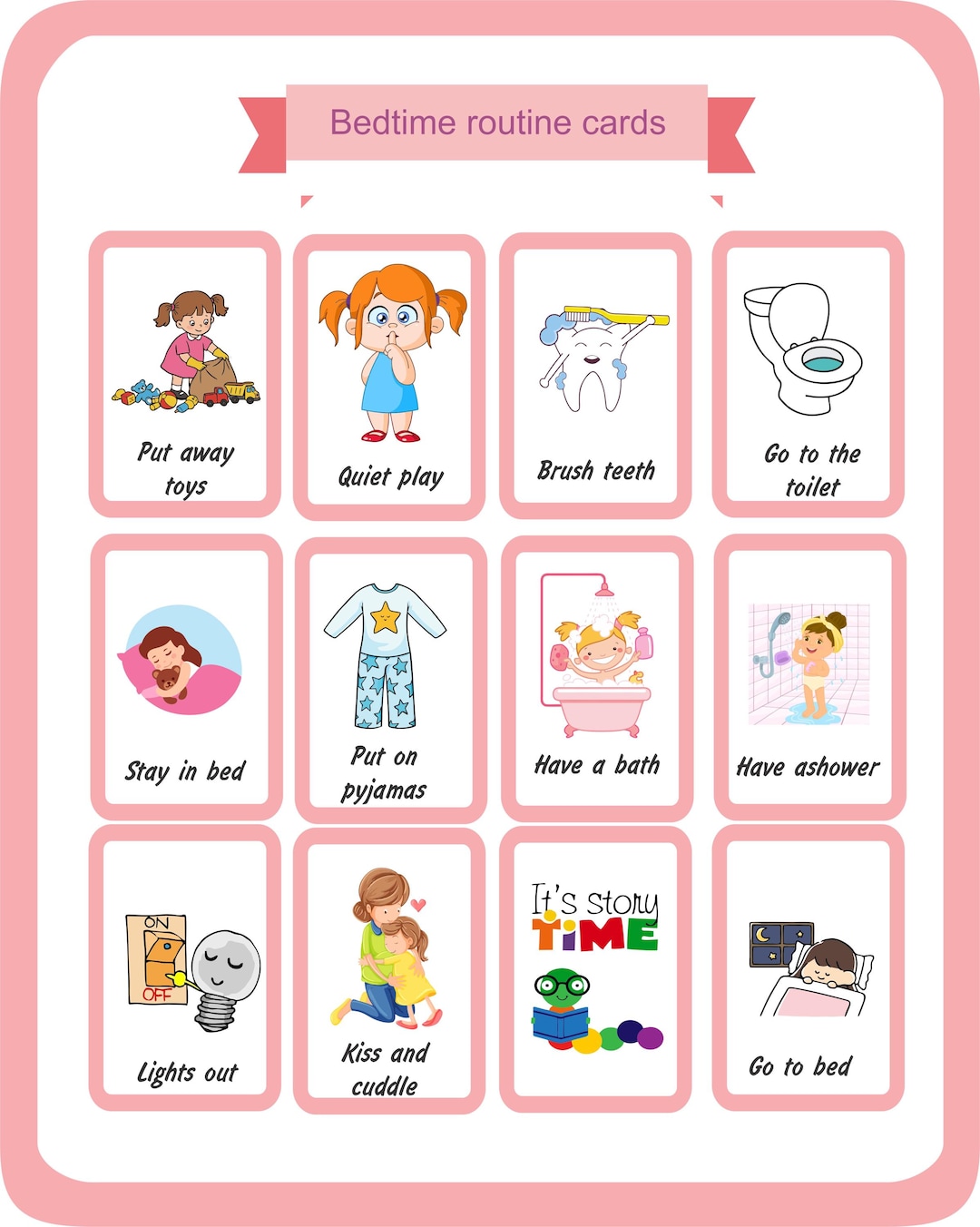 Bedtime Routine Cards for Kids - Printable Visual Schedule Flashcards ...