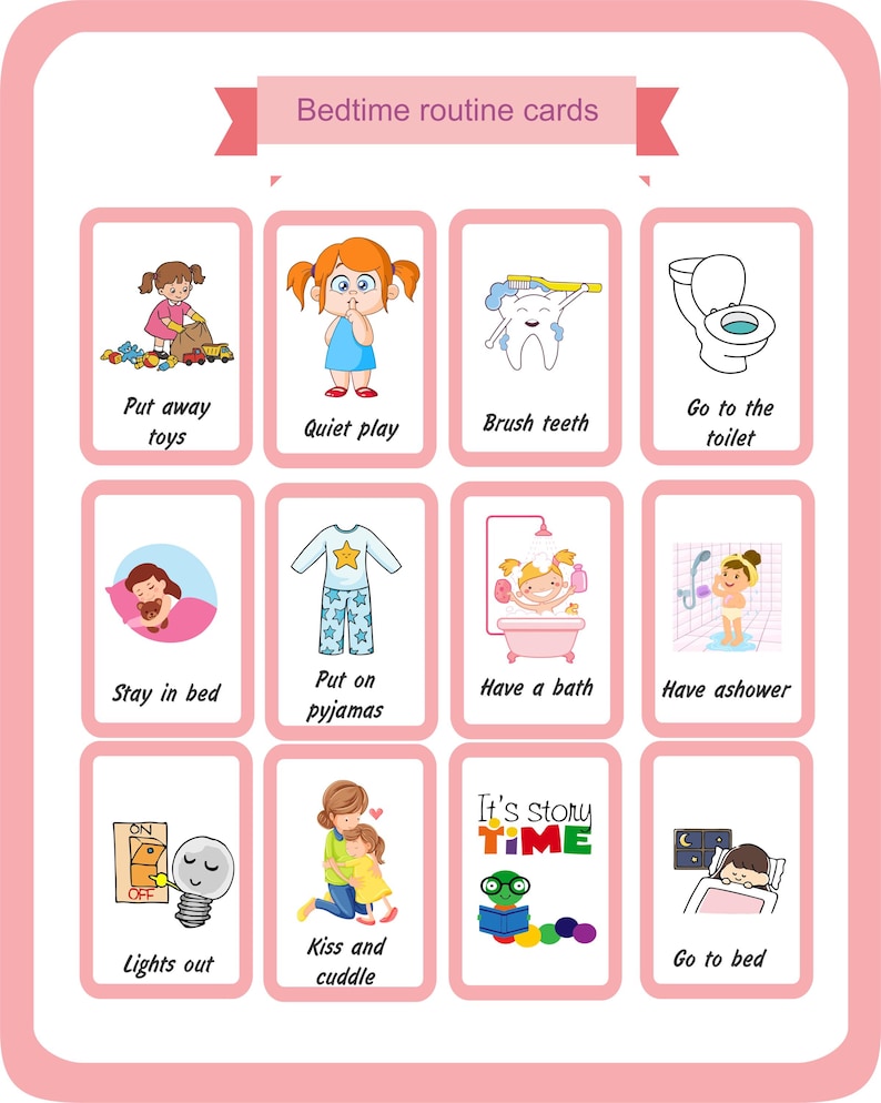 Bedtime Routine Cards for Kids - Printable Visual Schedule Flashcards ...