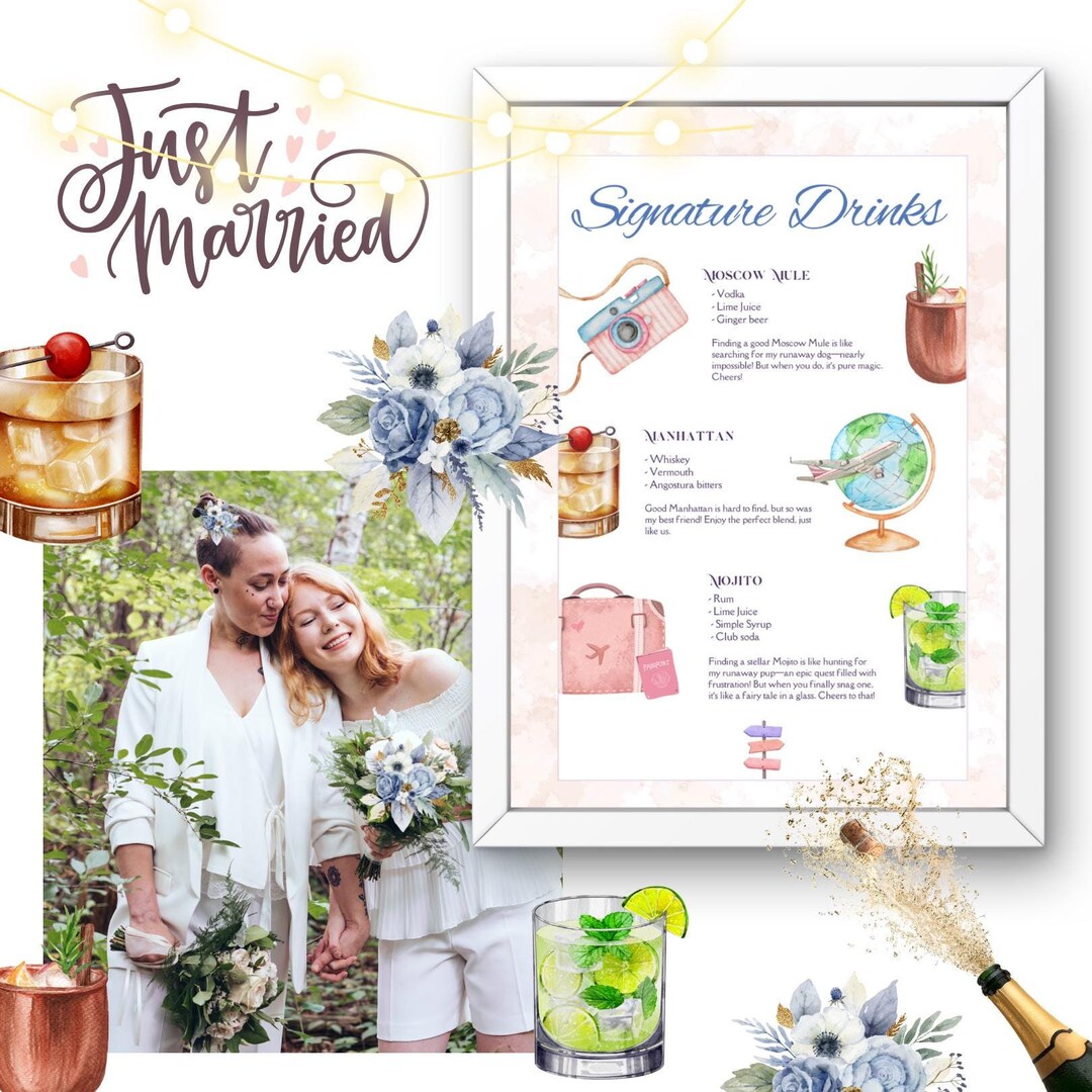Travel-themed Signature Bar Drinks Menu: Editable Wedding Cocktails ...