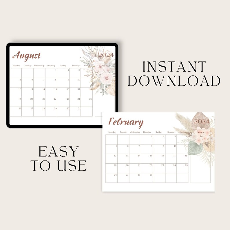 2024 Calendar, Boho Floral Calendar in A4 Size, Monday Start, Desk and ...