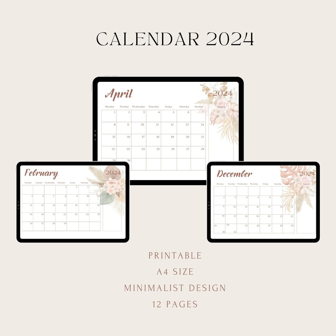 2024 Calendar, Boho Floral Calendar in A4 Size, Monday Start, Desk and ...