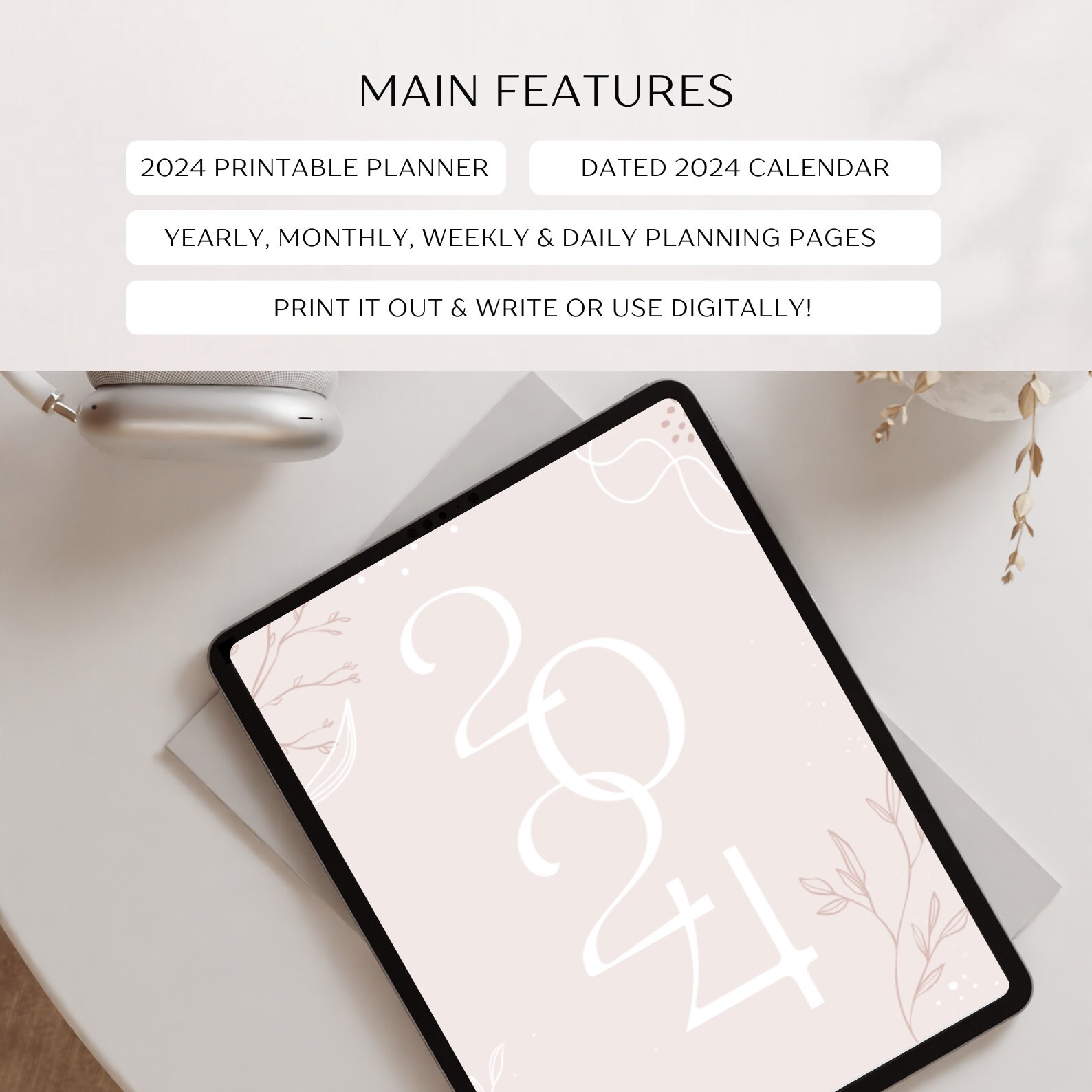 PLR 2024 Digital Planner, DATED 2024 Printable Planner, 2024 Calendar ...