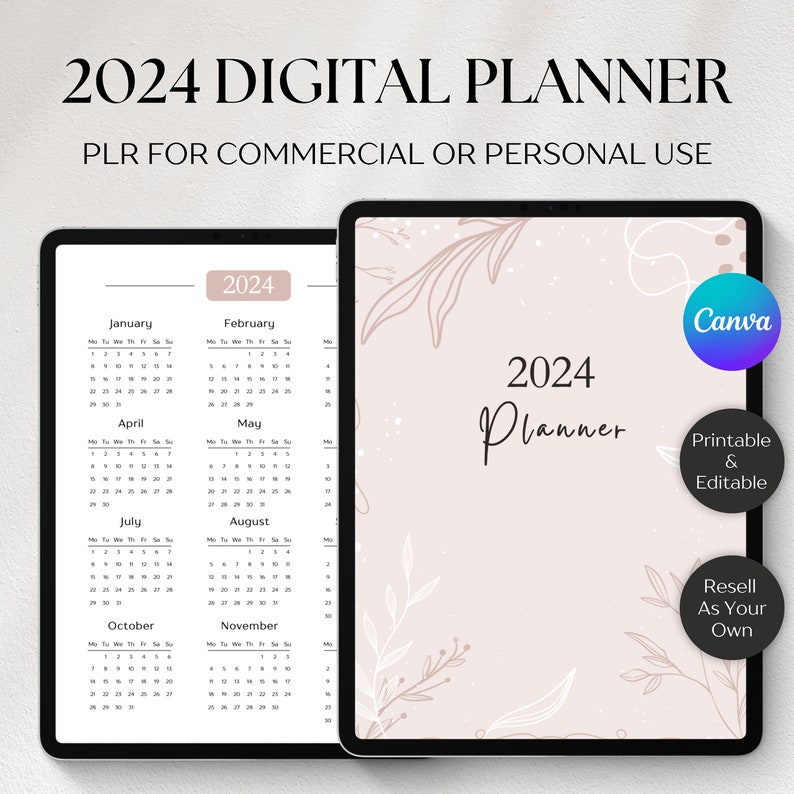 PLR 2024 Digital Planner, DATED 2024 Printable Planner, 2024 Calendar ...