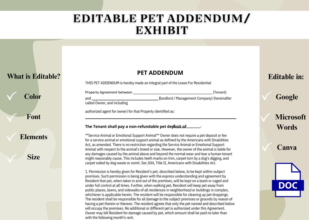 Editable Pet Addendum, Pet Exhibit for Residential Lease Agreements ...