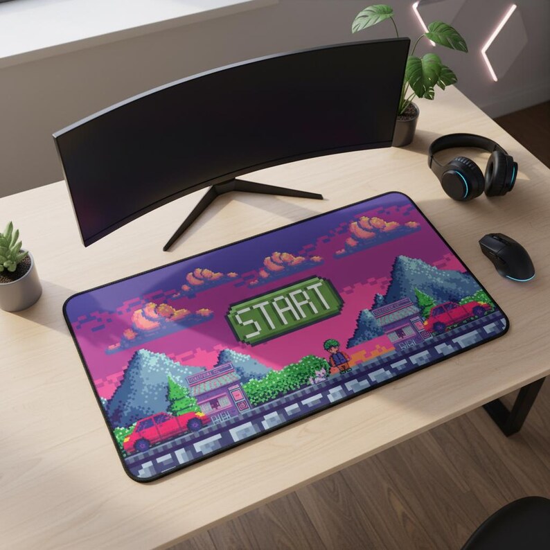 Pixel Art Mouse Pad - Pixel Art Start Screen Desk Mat, Non-slip (16x32 ...