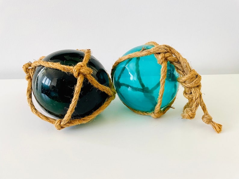 5 Glass Fishing Float on Rope Coastal Decor Nautical Decor Emerald ...
