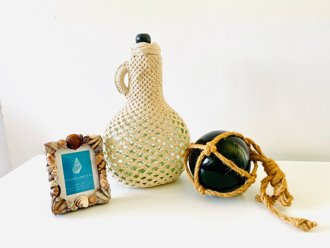 5 Glass Fishing Float on Rope Coastal Decor Nautical Decor Emerald ...