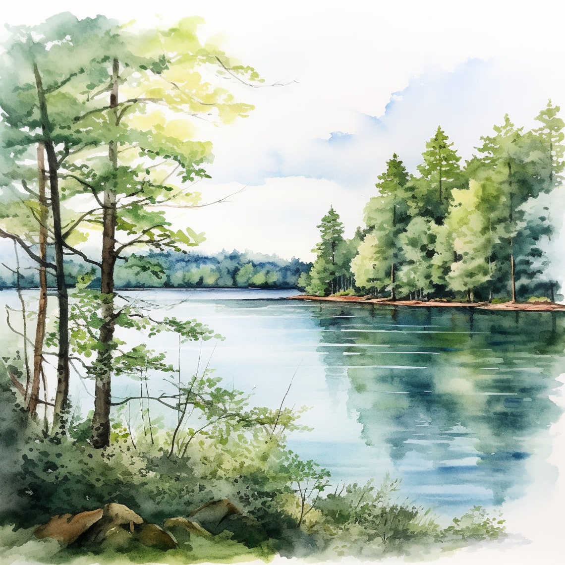 Watercolor Lake With Trees - Etsy
