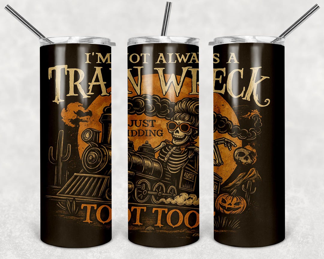 Train Wreck Tumbler Wrap PNG – Funny Skeleton Halloween Cup Design ...