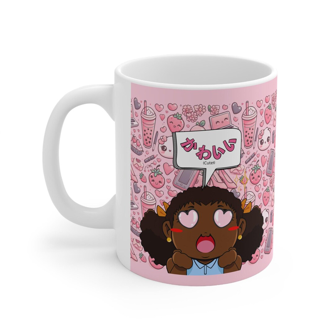 Anime Chibi Black Girl Empowerment Pink Mug, Kawaii Cute Gift, Ceramic ...