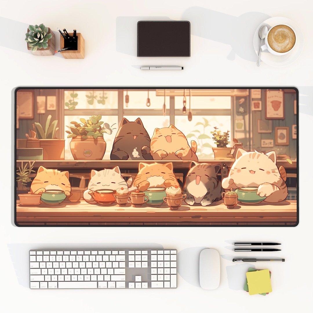 Anime Cat Cafe Desk Mat Kawaii Kitty Deskmat Animal Deskpad - Etsy