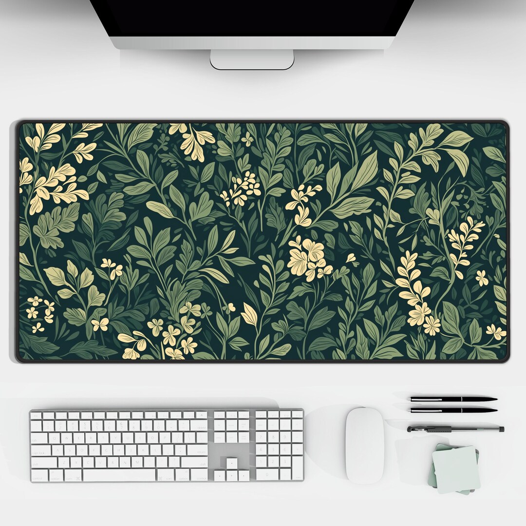 Elegant Botanical Desk Mat Sage Green Plant Pattern With Cream Floral ...