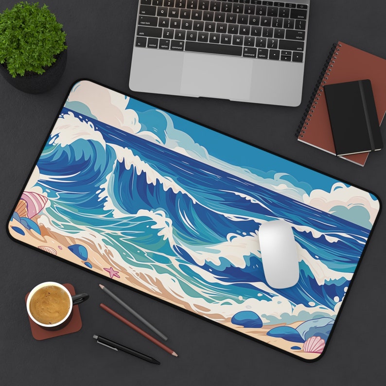 Blue Ocean Desk Mat | Cute Beach Mousepad, Aesthetic Coastline Scene ...