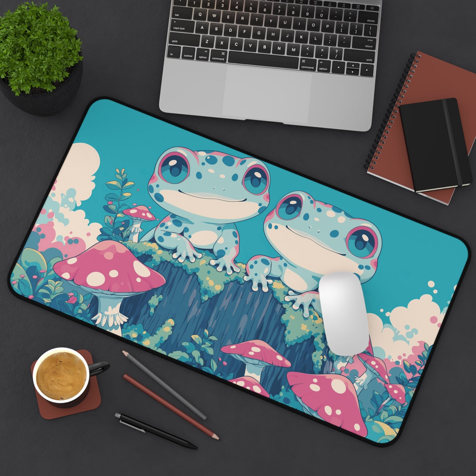 Kawaii Animal Desk Mat | Cute Blue Spotted Gecko Design, Adorable Chibi ...