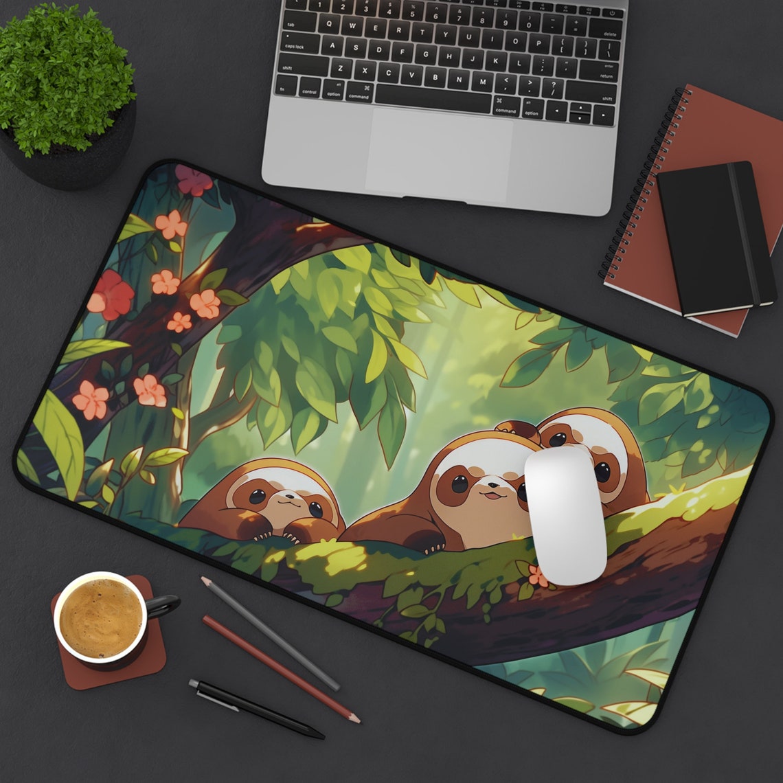 Kawaii Animal Desk Mat With Cute Sloths, Chibi Anime Aesthetic Desk Pad ...