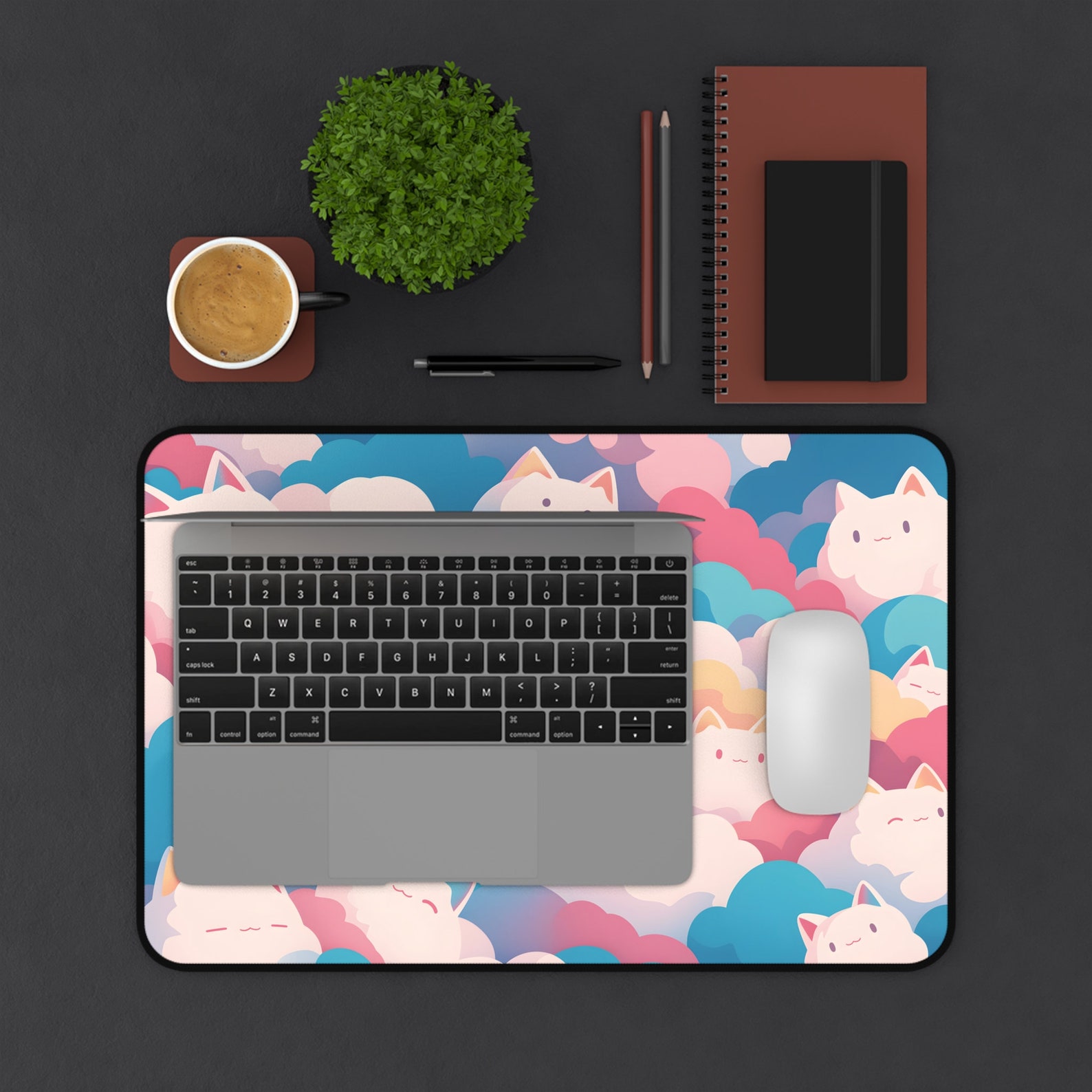 Kawaii Cat Cloud Desk Mat, Anime Chibi Aesthetic Desk Pad, Colorful ...