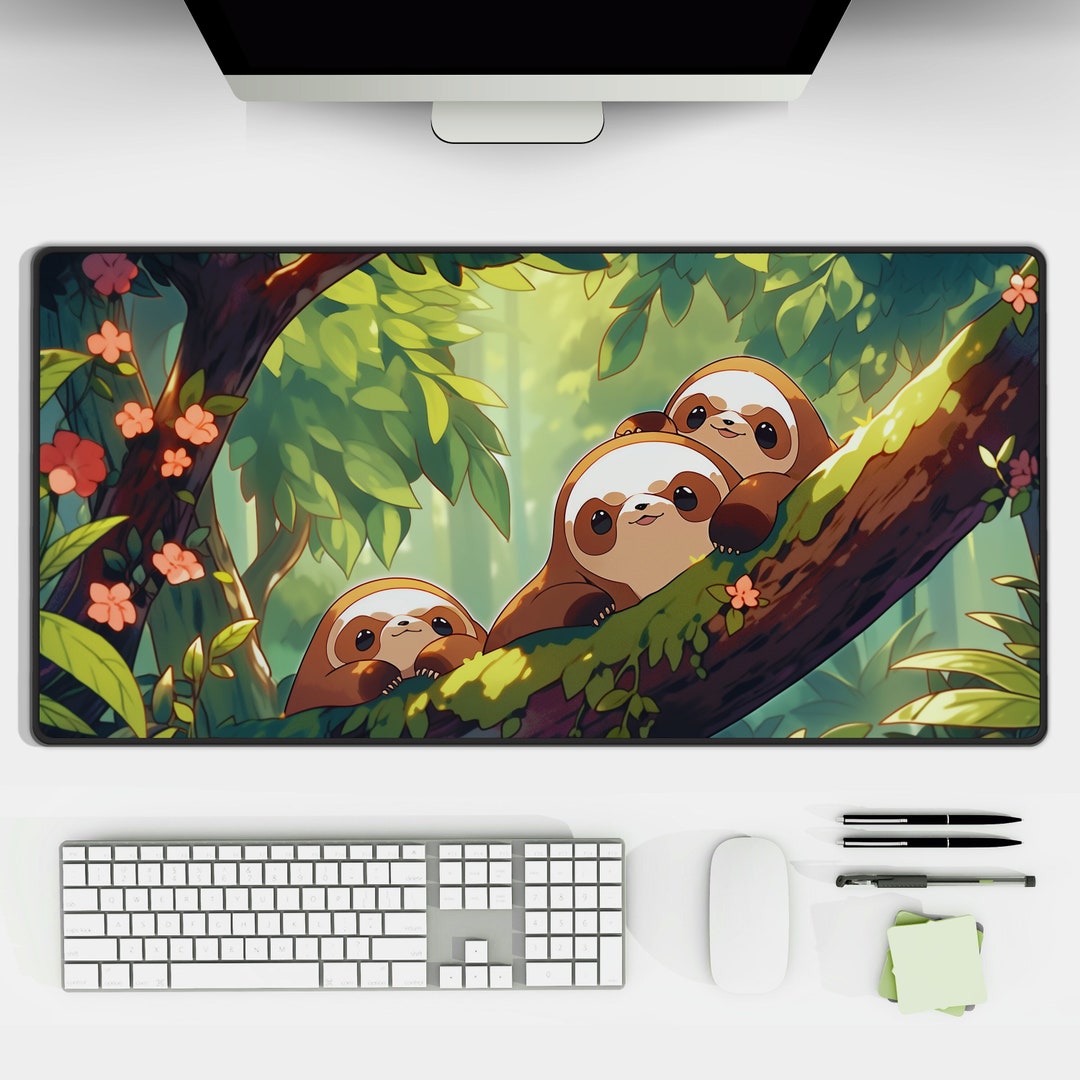 Kawaii Animal Desk Mat With Cute Sloths, Chibi Anime Aesthetic Desk Pad ...