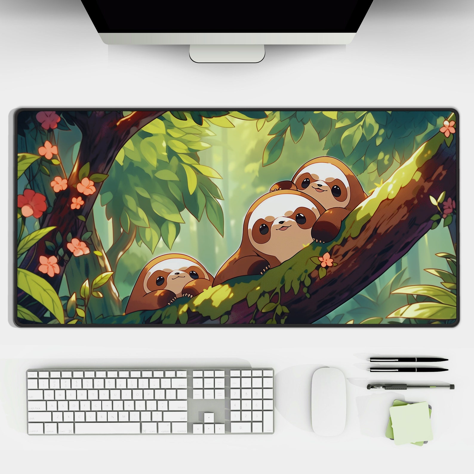 Kawaii Animal Desk Mat With Cute Sloths, Chibi Anime Aesthetic Desk Pad ...