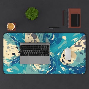 Kawaii Animal Desk Mat | Cute Spotted Seals, Blue Ocean Mousepad ...