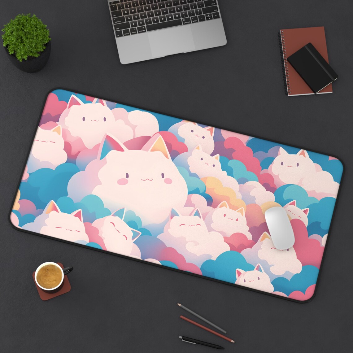 Kawaii Cat Cloud Desk Mat, Anime Chibi Aesthetic Desk Pad, Colorful ...
